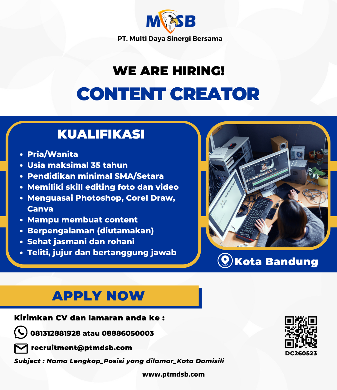 JOB VACANCY – PT. Multi Daya Sinergi Bersama