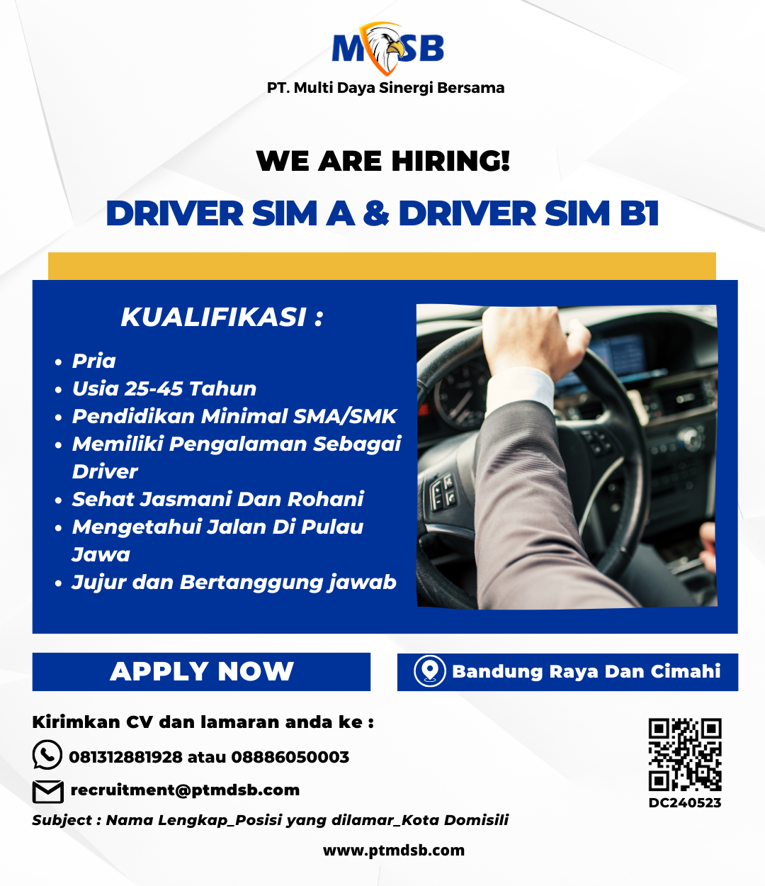 JOB VACANCY – PT. Multi Daya Sinergi Bersama