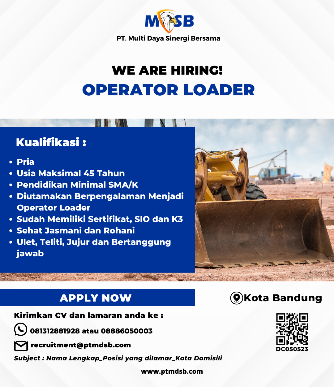JOB VACANCY – PT. Multi Daya Sinergi Bersama