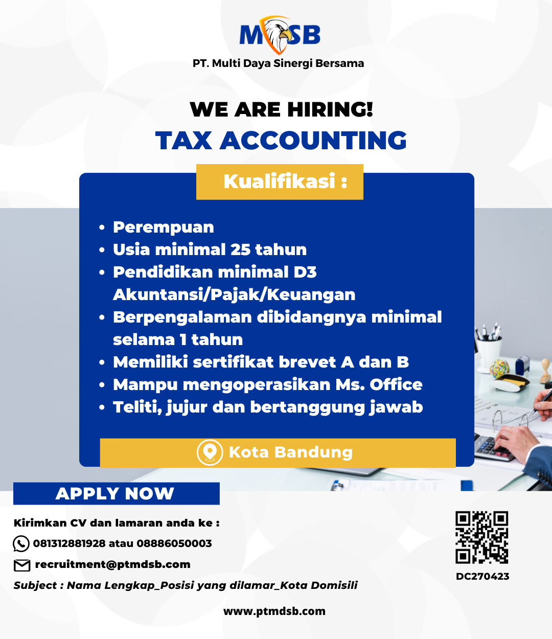 JOB VACANCY – PT. Multi Daya Sinergi Bersama