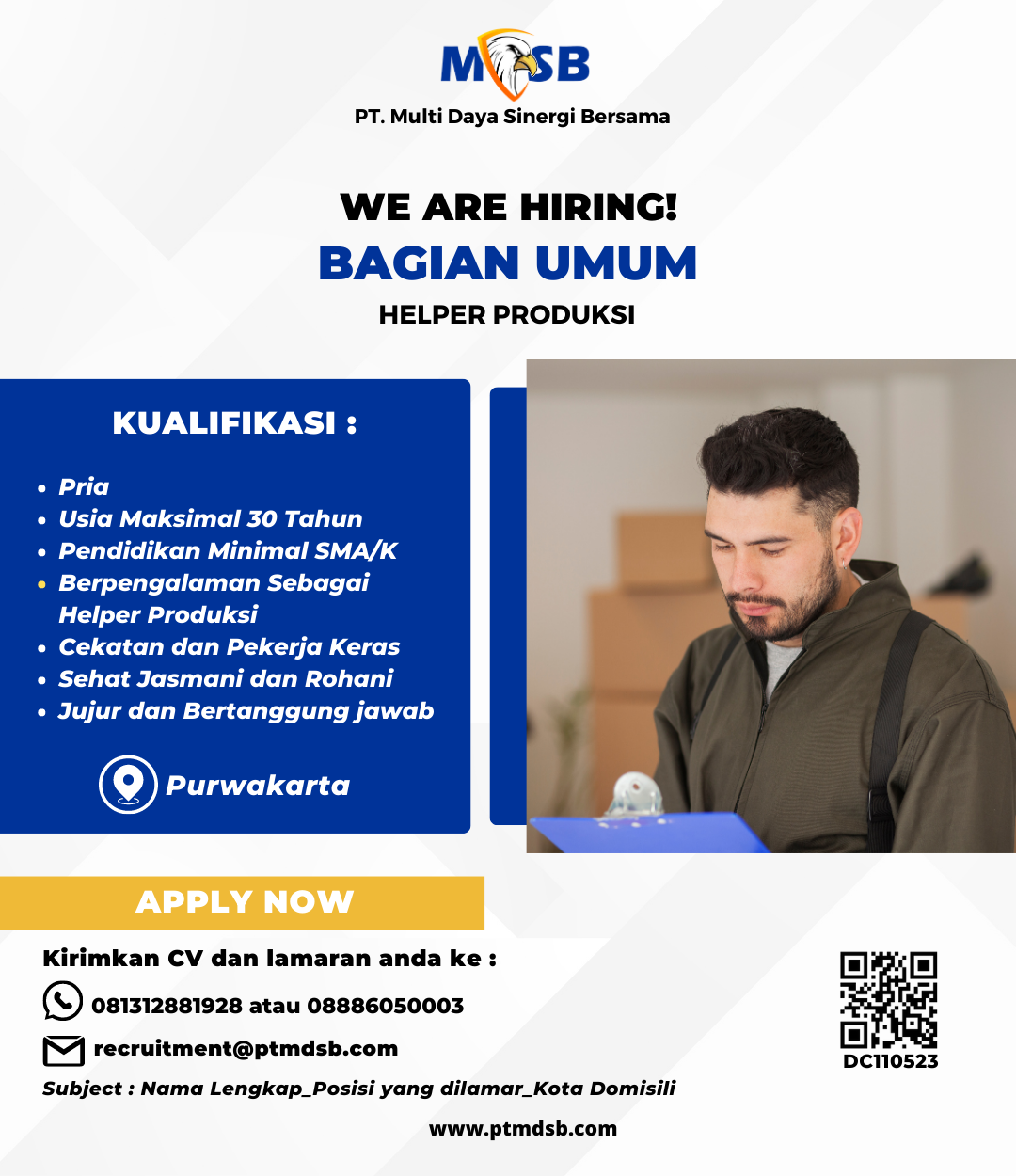 JOB VACANCY – PT. Multi Daya Sinergi Bersama