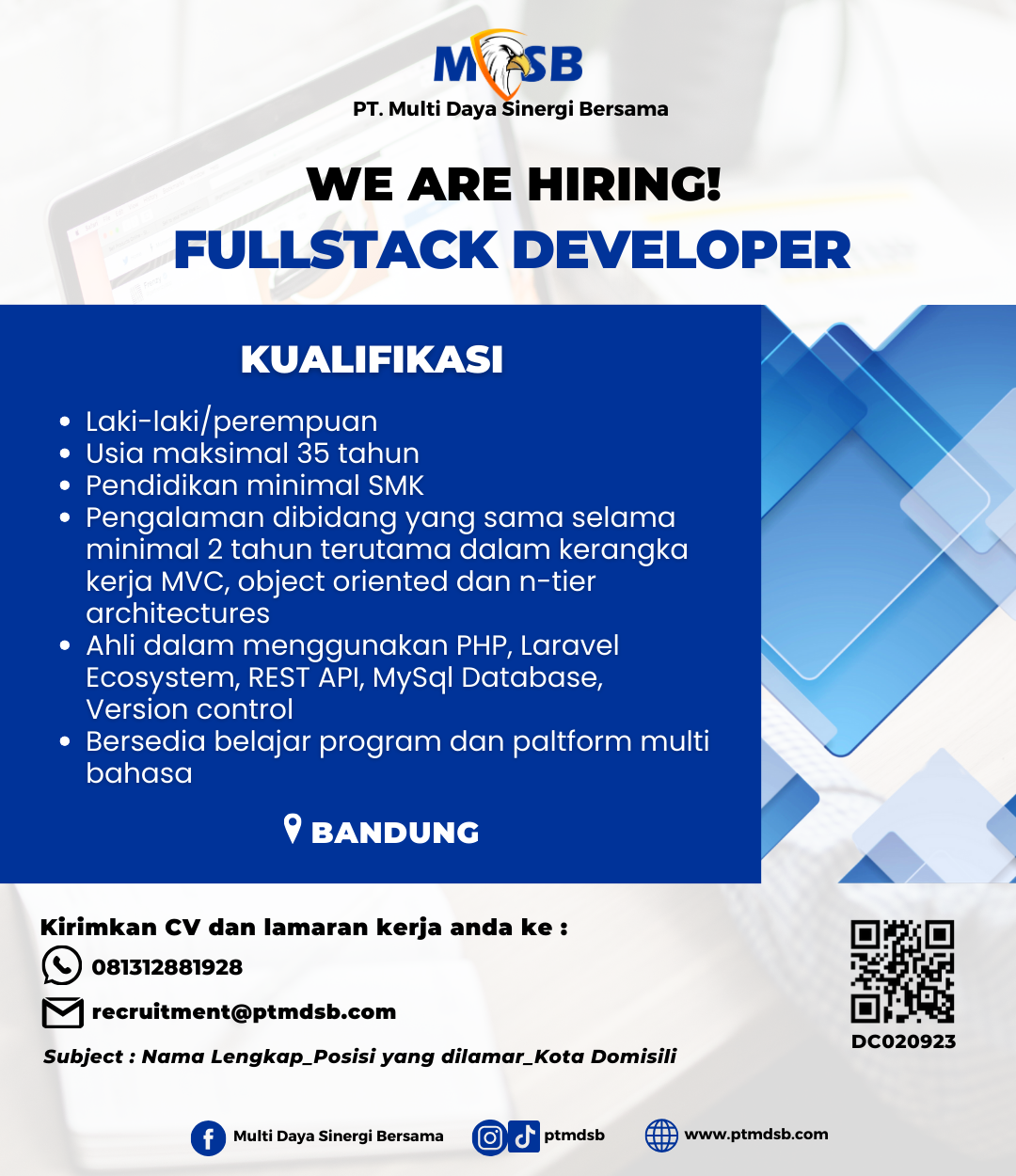 JOB VACANCY – PT. Multi Daya Sinergi Bersama