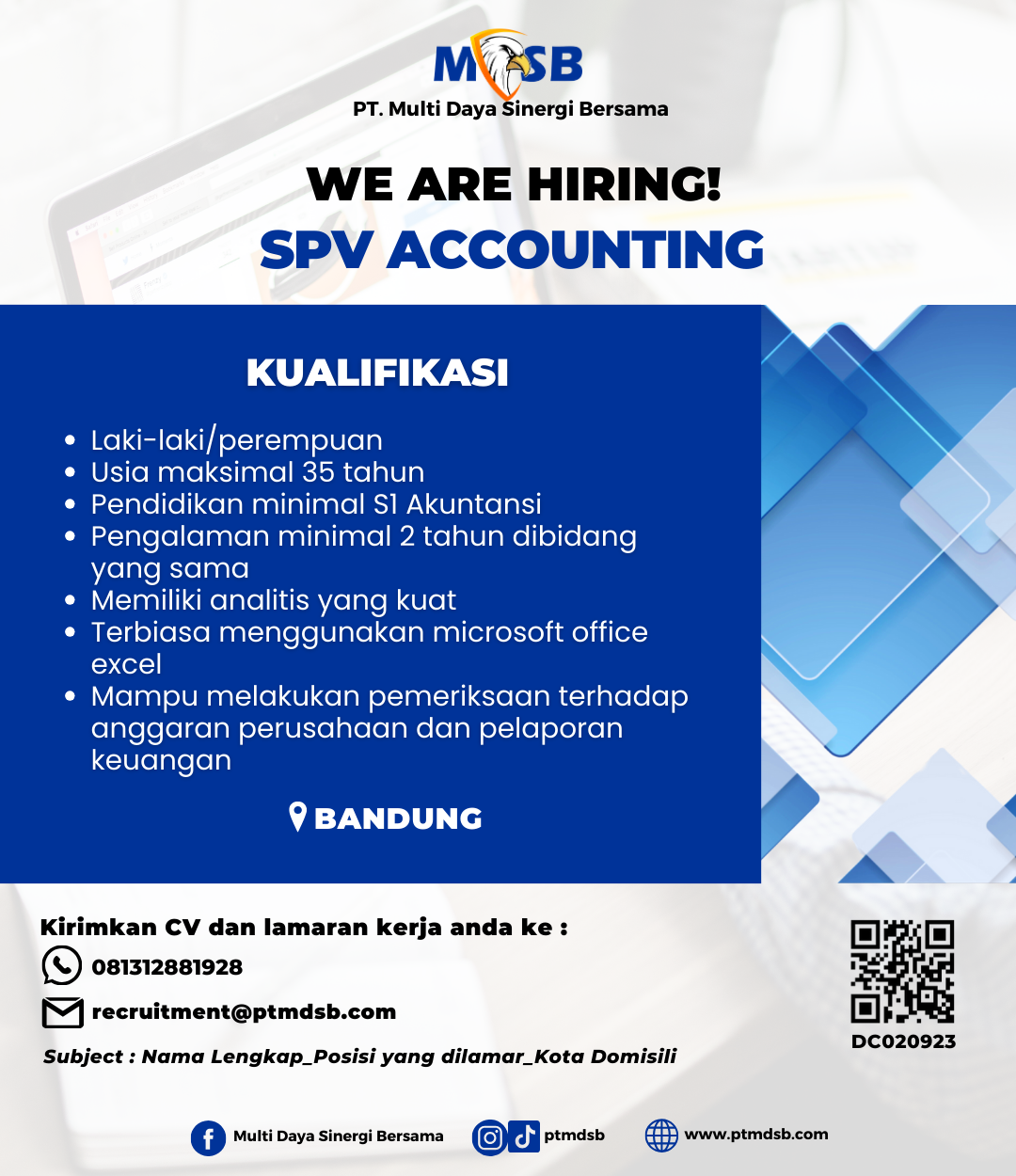 JOB VACANCY – PT. Multi Daya Sinergi Bersama